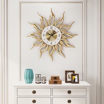520mm Golden Flame-Shaped Creative Luxury Large Metal Sun Wall Clock ...