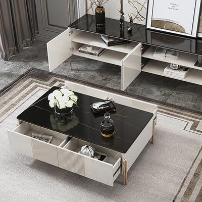 Modern Large Coffee Table with Storage Marble Top & Stainless Steel ...