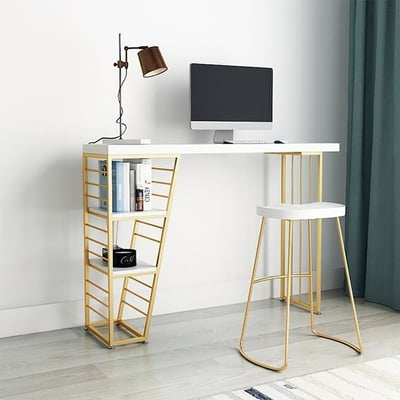 Modern Desk with Storage Wood Top & Gold Metal Frame | Homary UK
