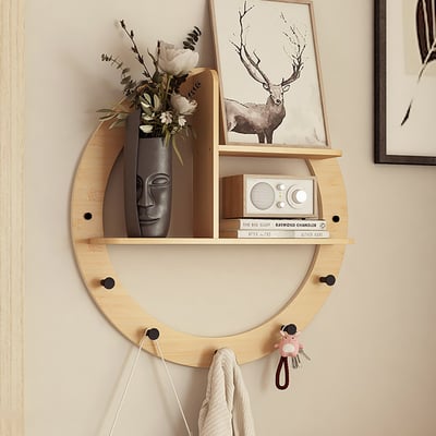 Modern Round Wall Mounted Coat Rack with Shelf in Natural | Homary