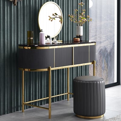 2 Drawers Modern Gray Makeup Vanity Set Faux Marble Top Mirror & Stool ...