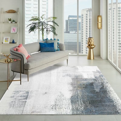 1500mm × 2400mm Modern Ink Painting Grey & Ink Blue Rectangle Area Rug ...