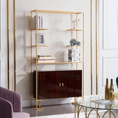 76.8" Dark Red Book Shelf 2-Door 5-Shelf Book Cabinet Gold Metal Frame ...