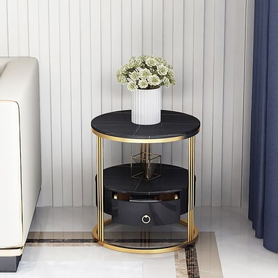 Modern Black Round Nightstand with Marble-Top & Drawer & Shelf in Gold ...