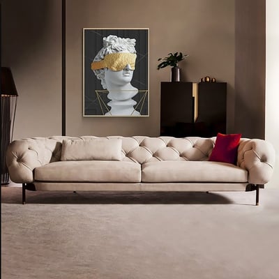 2200mm Modern Beige Velvet Upholstered Tufted Sofa 3-Seater Sofa ...