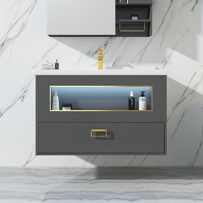 700mm Grey Floating Bathroom Vanity Ceramic Drop-In Basin with Cabinet ...