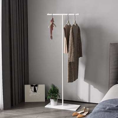 66" Modern Rail T-shape Cloth Rack in White with Marble Base | Homary
