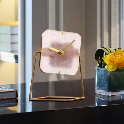 Alloy & Agate Decorative Stone Table Clock with Golden Metal Pointers ...