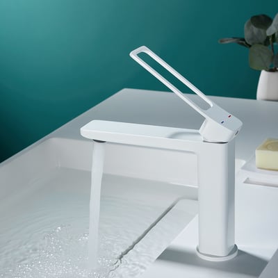 White Single Handle Bathroom Basin Tap 1-Hole Solid Brass | Homary UK