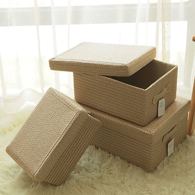 Natural Rustic Rattan Storage Box with Cover Set of 3 | Homary UK