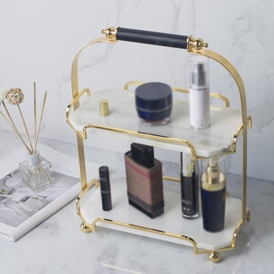 White 2-Tier Modern Marble Desk Organizer Vanity Tray with Handle | Homary