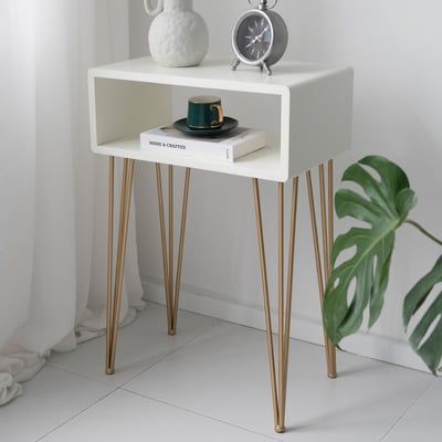 Modern White End Table with Storage in MDF & Metal | Homary