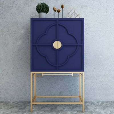 Navy Blue and Gold Bar Cabinet Tall Cabinet in Flower Carved French ...