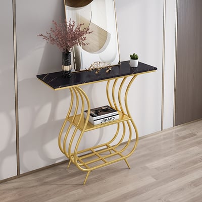 Black Narrow Console Table with Shelf Marble Top & Metal Frame-Homary