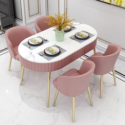 Pink Oval Dining Table with Drawer Marble Top & Metal Legs | Homary