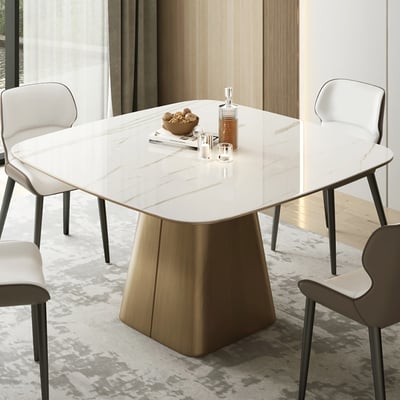 1300mm Modern Square Dining Table with Stone Top & Carbon Steel Trestle ...