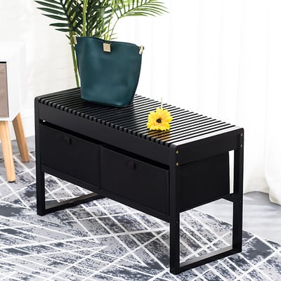 800mm Black Modern Bamboo Storage Bench with 2 Bins | Homary UK