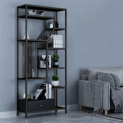 70" Modern Black Etagere Bookshelf with Drawer-Homary