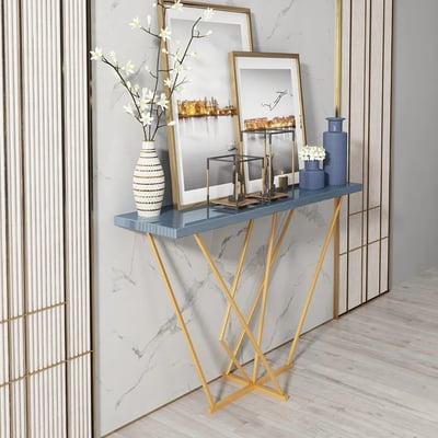 Blue Narrow Console Table Gold Finish Entryway Table-Homary