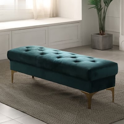 Green Velvet Upholstered Bench Tufted Entryway Bench Metal Leg Gold-Homary
