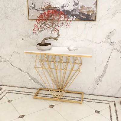 White Narrow Console Table Rectangular Entryway Table with Gold Base-Homary