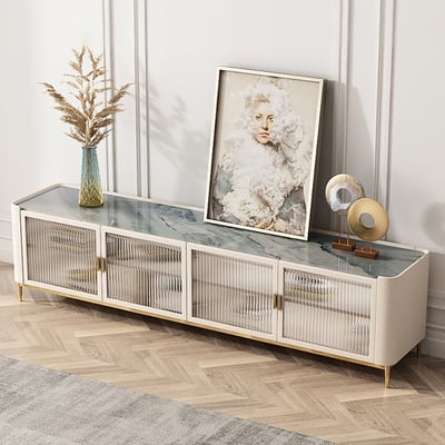 Modern White TV Stand with Storage Tempered Glass Doors Light Luxury ...