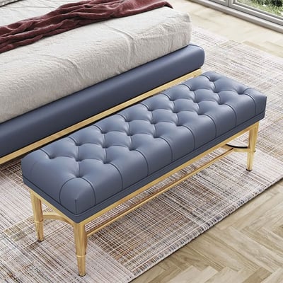 Blue Button Tufted Bench with Shelf Shoe Storage Faux Leather ...