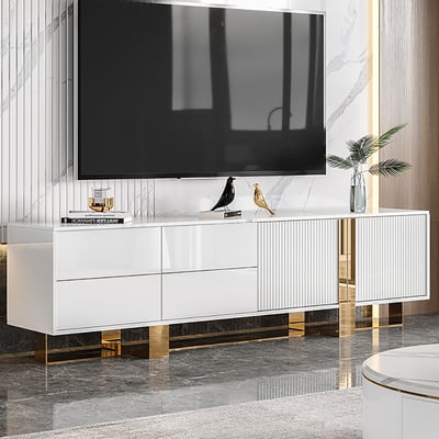 2000mm Marble Top Rectangular TV Console with 4 Drawers & 2 Doors in ...