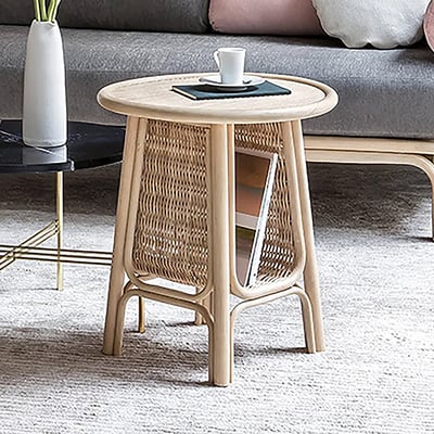 Rustic Round End Table with Storage Plywood Top & Rattan Shelf in ...