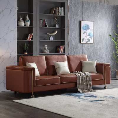 2780mm 4-Seater Brown Vegan Leather Sofa with 4 Stainless Steel Legs ...