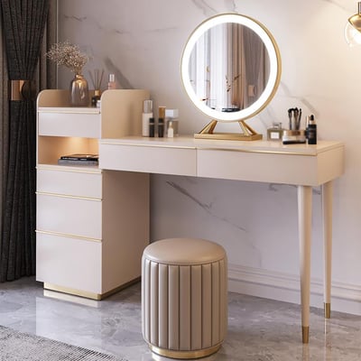 Off-white Makeup Vanity Set Dressing Table with Lighted Mirror Cabinet ...