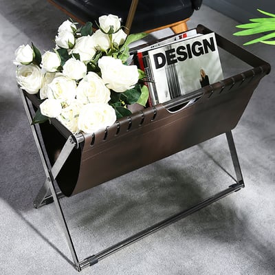 Modern Magazine Rack in Leather and Steel Brown | Homary