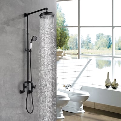 Industrial Style Wall-Mounted Shower System 2-function in Black | Homary