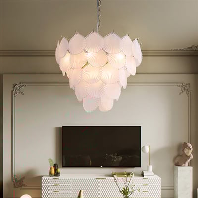 8-Light Contemporary White Tiered Glass Chandelier with Shell-Shaped ...