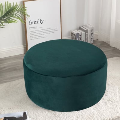 Modern Green Velvet Round Ottoman in Solid Wood Frame | Homary