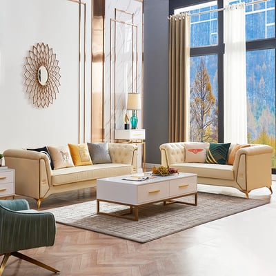 Modern Beige Living Room Set 3-Seater Sofa and Loveseat with Tufted ...