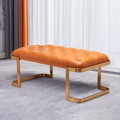 Orange Entryway Bench in Gold with Tufted Faux Leather Upholstery | Homary