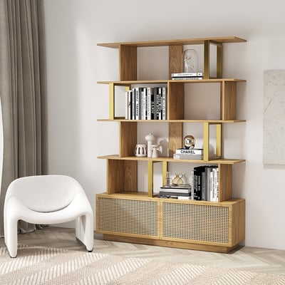 5-Tier Natural Wood Bookshelf with 2 Doors Modern Bookcase in Gold ...