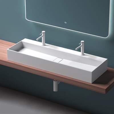 47 Inch Wall-Mount Double Sink Stone Resin Glossy White Floating Trough ...