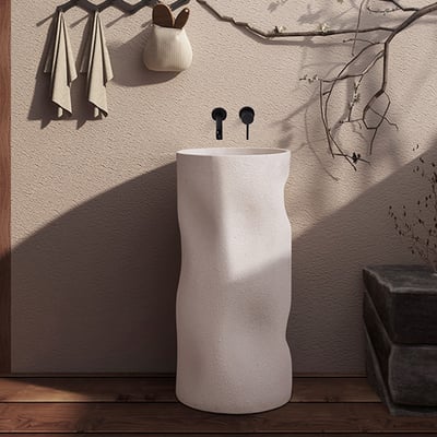 Japandi Stone Resin Freestanding Bathroom Basin Cylinder Pedestal Basin ...