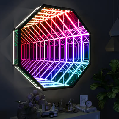 3D Octagon LED Tunnel Infinity Wall Mirror Decor Light Art Party Living ...