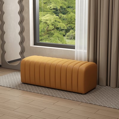 47.2'' Modern Orange Leather Entryway Bench Leather Upholstered Channel ...
