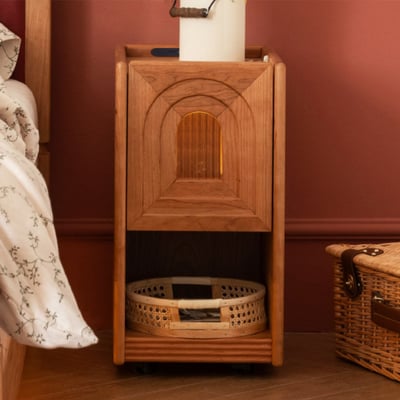 Rustic Narrow Smart Nightstand Cherry Bedside Table with Sensor Light ...