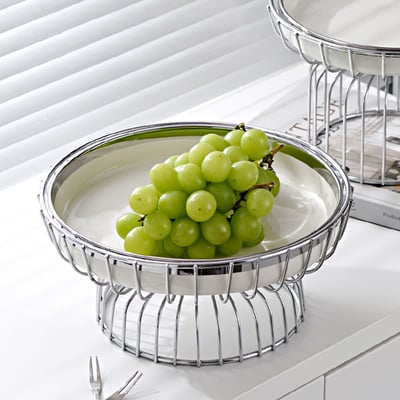 White Fruit Basket Round Decorative Bowl Ceramic & Metal Snack Serving ...