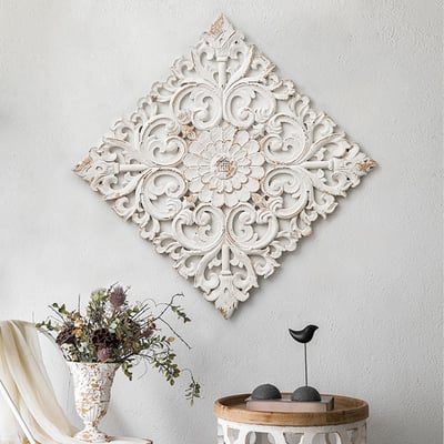 22" French Country Square Wood Wall Decor Distressed White Carved ...