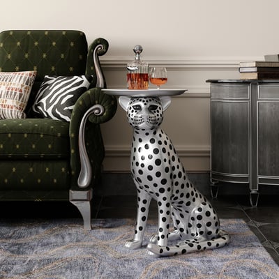 Silver Leopard Accent Side Table with Tray Top Resin Panther End Table ...