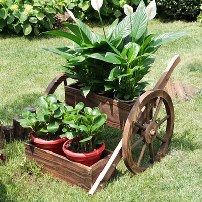 2 Boxes Wooden Planter Flower Stand Wheelbarrow Plant Raised Box-Homary