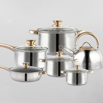 12 Pieces Stainless Steel Cookware Set With Gold Plated Handle Glass ...