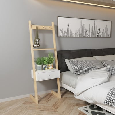 Modern Ladder Storage Shelves Nightstand with Drawer & Hooks | Homary