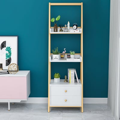 White & Gold Ladder Bookcase Storage Cabinet with Drawers | Homary